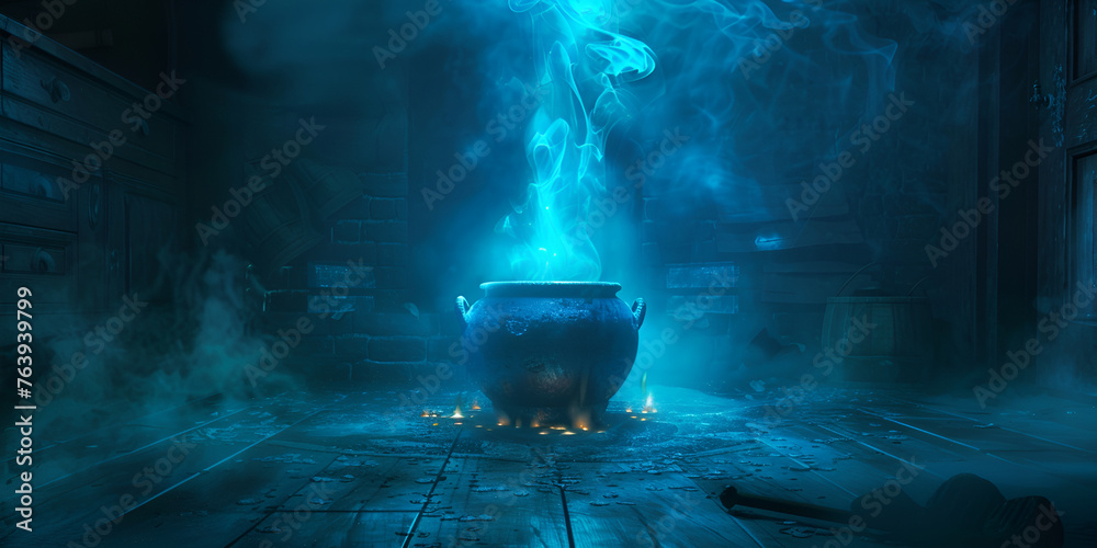 Witch cauldron dark room green smoke emanating from a large boiling ...