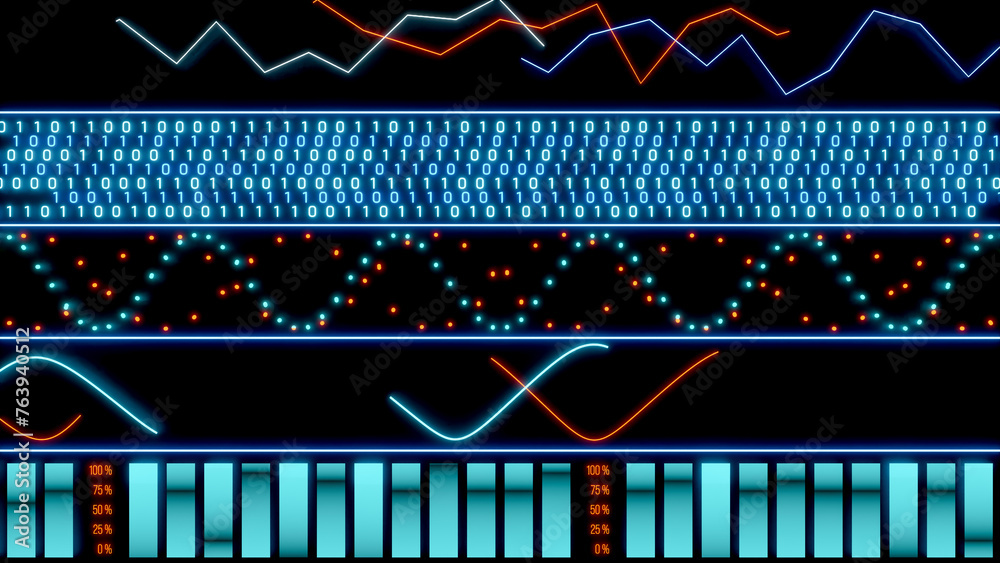 Interface with binary code, curves, lines, oscillator and bar graphs ... Interface with binary code, curves, lines, oscillator and bar graphs ...