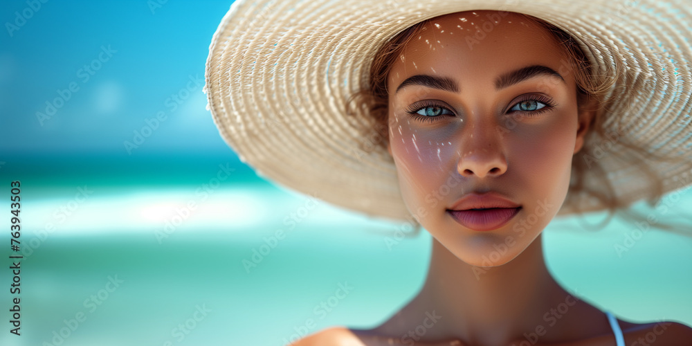 beautiful young woman with bikini at beach wearing straw hat. crystal ...