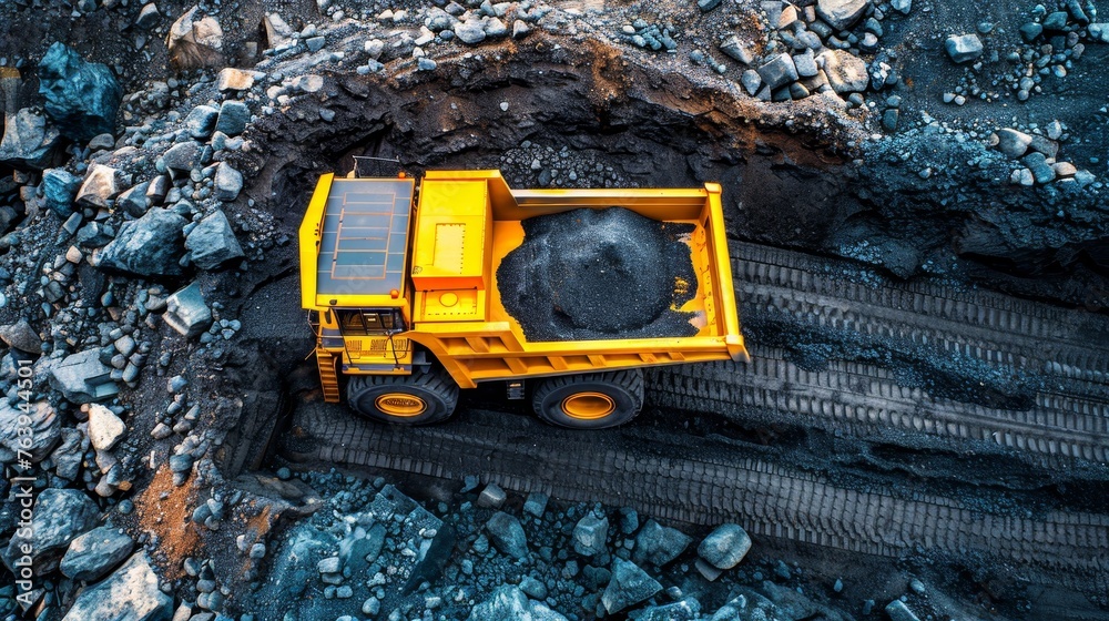Aerial view of industrial coal mining site in open pit mine extractive ...