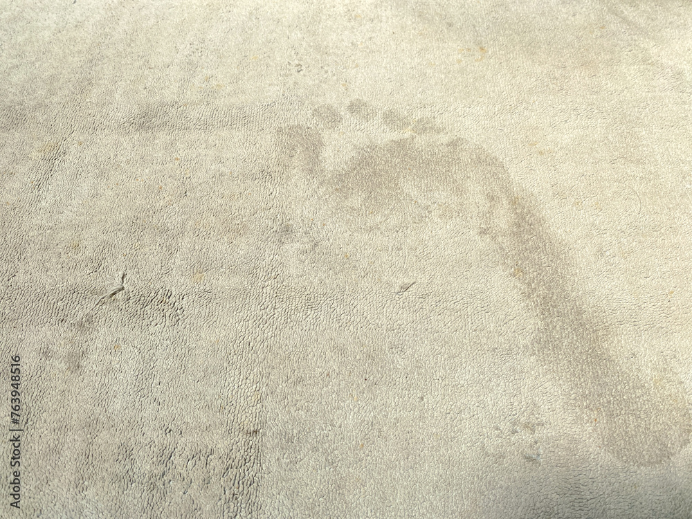Wet footprint on the linen rug. Bathing signs. Hygiene procedure at ...