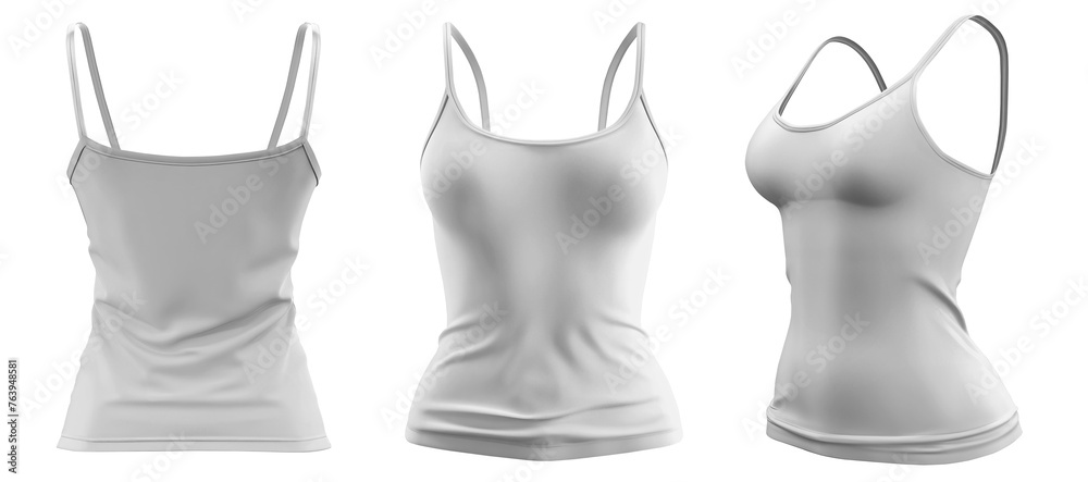 Set of woman white, front, back and side view Spaghetti thin strappy ...