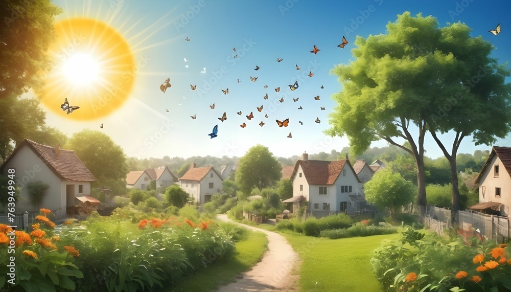 Happy summer season background with having garden full of trees ...