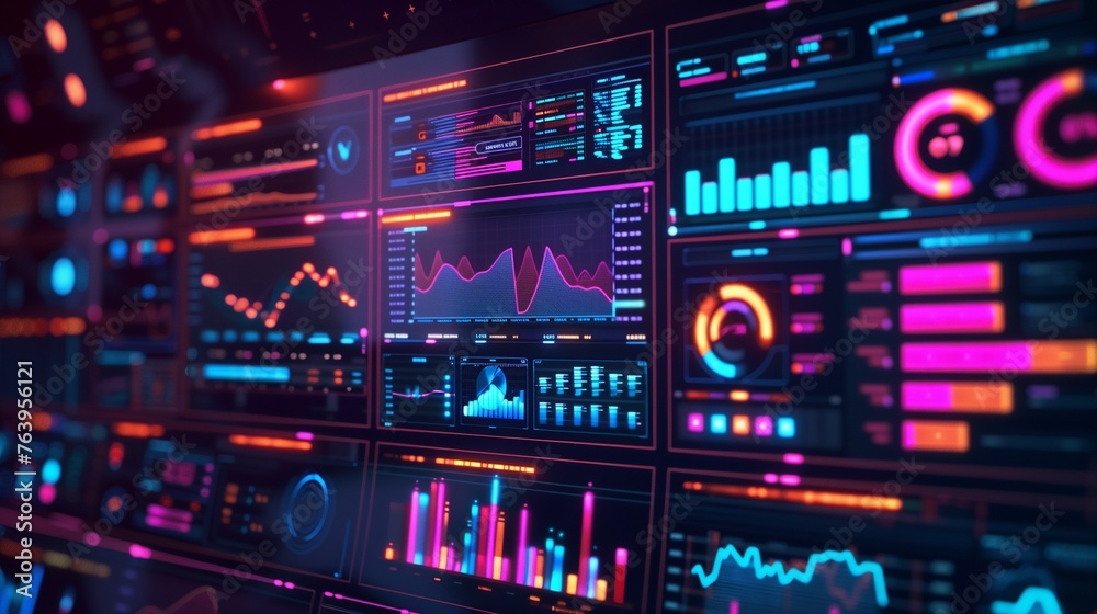 Computer monitor displaying an abstract network monitoring dashboard with real-time data ...