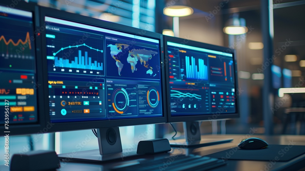 Computer monitor displaying an abstract network monitoring dashboard with real-time data ...