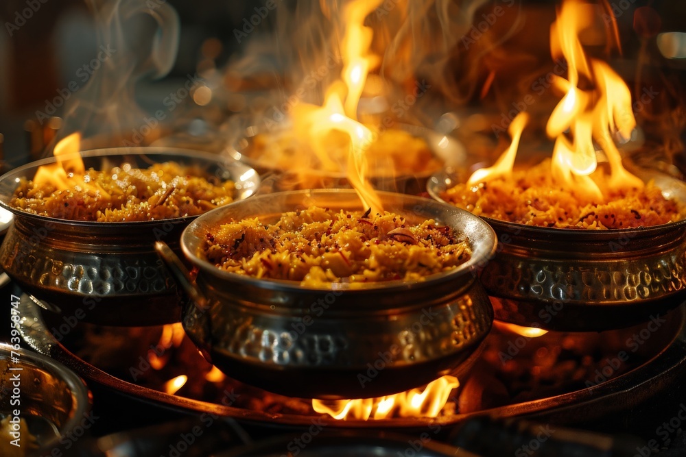 In the glow of the flame silver bowls of Biryani and Manti warm the ...