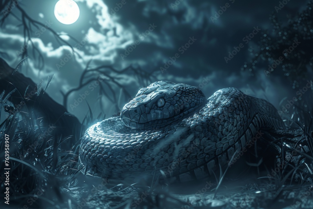 Moonlit night reveals a silvery snake ready to strike its scales ...