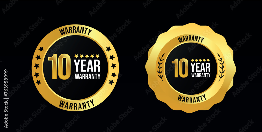 10 year warranty. Two different labels of Ten years, warranty card with ...