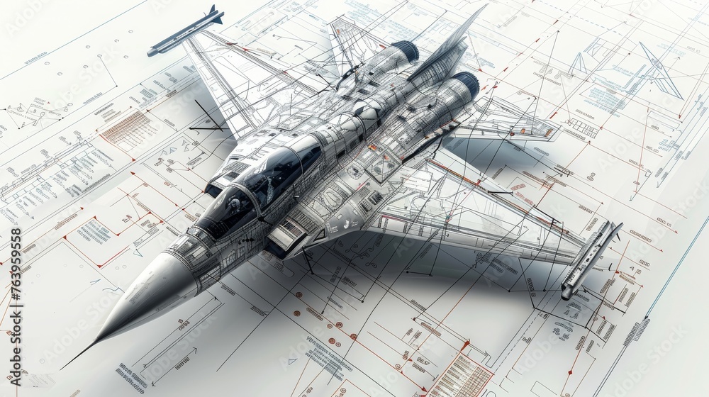 Create a blueprint for a fighter jet with an aerodynamic emphasis ...
