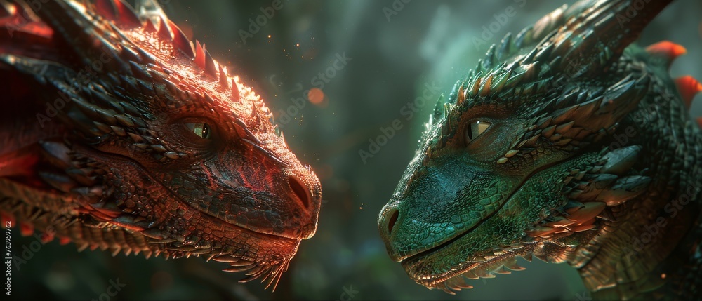 Capture the contrast between the menacing appearance of the red dragon ...