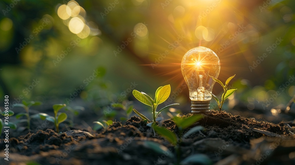 Energy power concept in nature, lightbulb tree with sunlight on soil ...