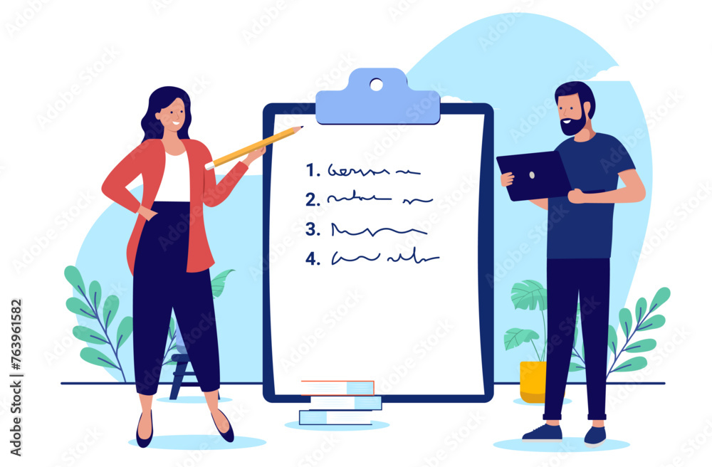 People and clipboard - Man and woman standing in front of numbered list ...