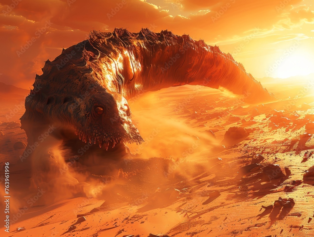 3D sandworm bursting from desert dunes sunrise dynamic perspective ...