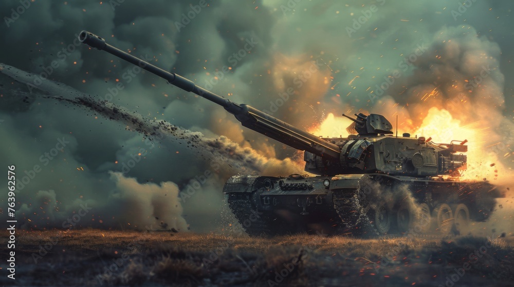 Modern artillery gun in action, firing projectiles with precision. The ...