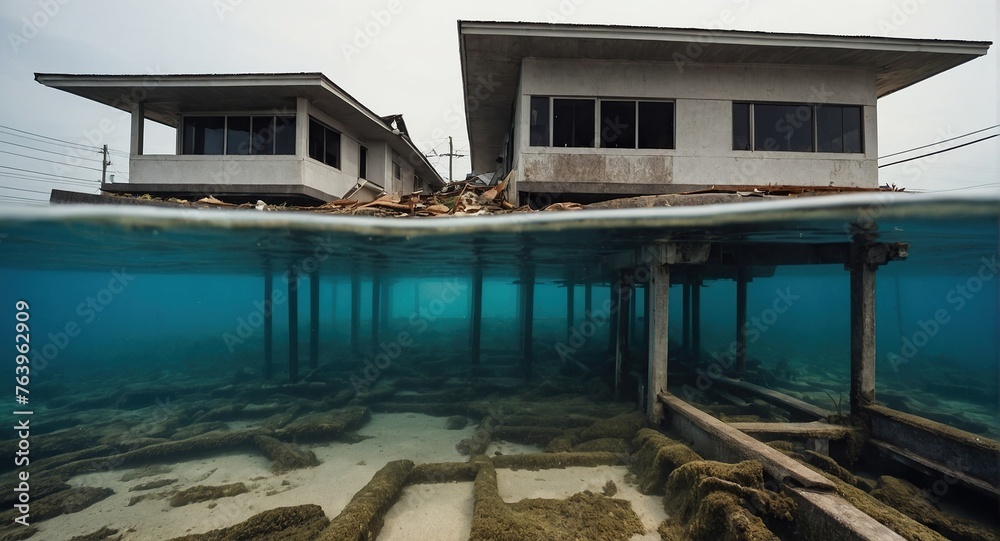 Submerged buildings and streets after a tsunami Stock Illustration ...