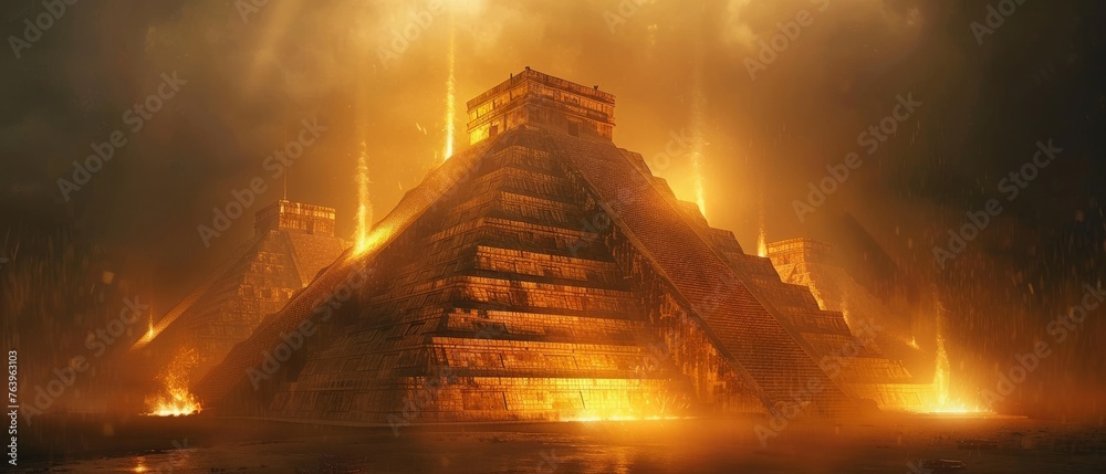 Glowing alien symbols illuminate the Aztec pyramids, set against ...