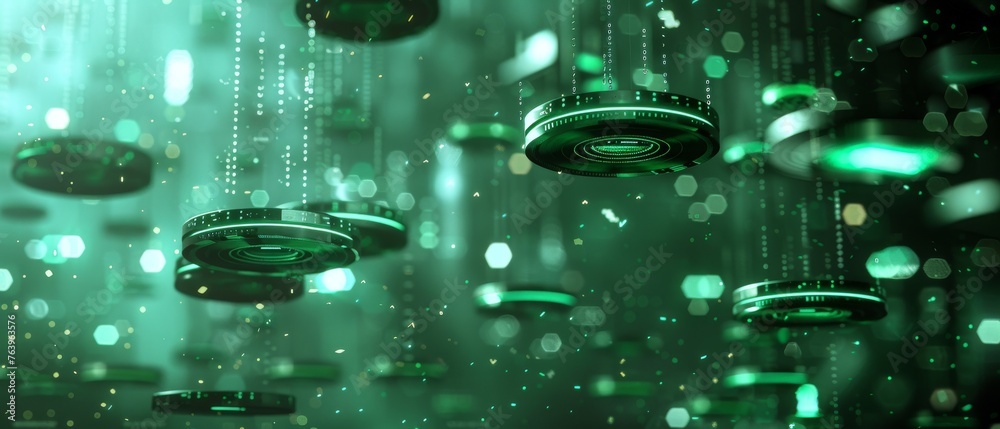 Magnetic coins in suspension green and black color scheme tech lab look ...