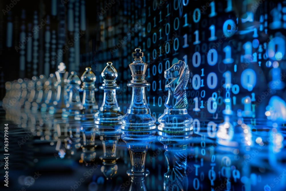 A row of glass chess pieces stand tall in front of a vibrant digital ...