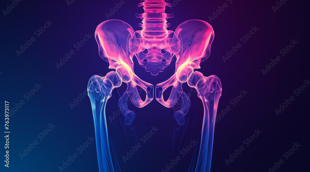 Digital medical artwork depicting pelvis bones with a vivid purple ...
