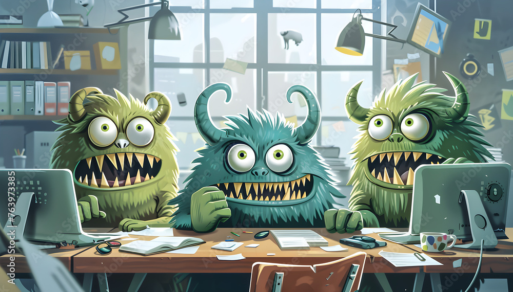 Fabulous office staff monsters celebrating April Fool's Day with ...