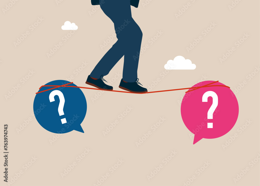 Communication. Male walks from one question mark speech bubble to ...