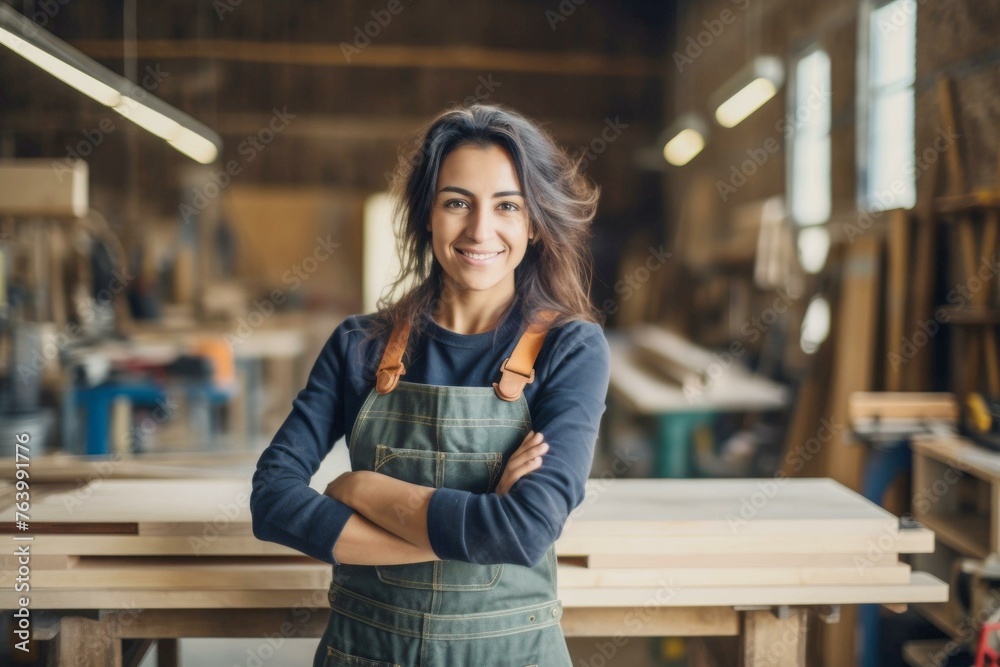 Carpenter woman one smile young aged standing aim working on wood plank ...