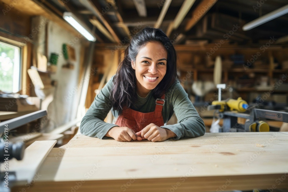Carpenter woman one smile young aged standing aim working on wood plank ...