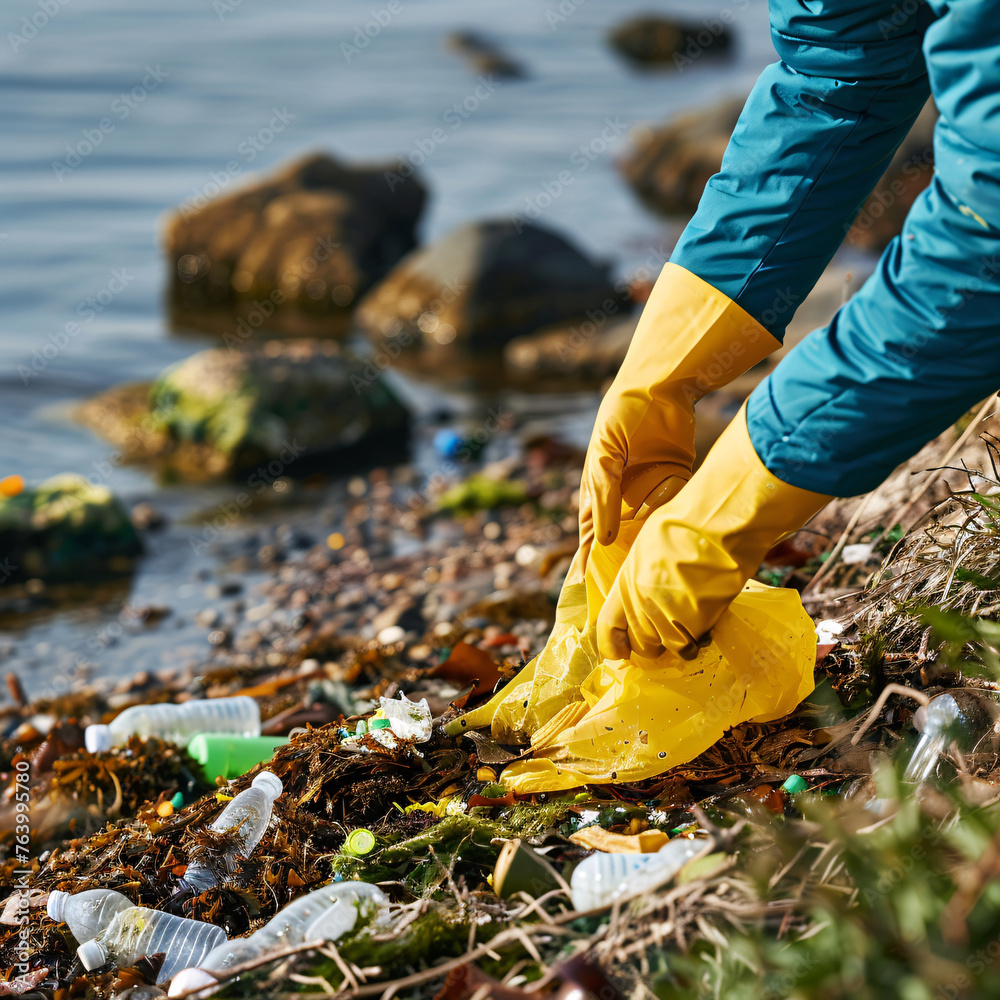 Detailed view of a person cleaning up the shoreline, focusing on ...