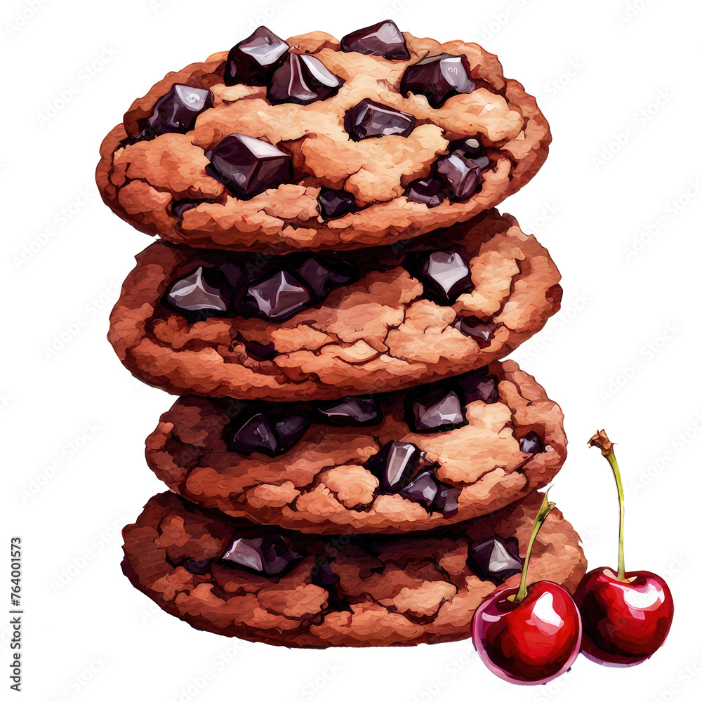 Divine dark chocolate watercolor illustration, choco-chip cookies stack ...