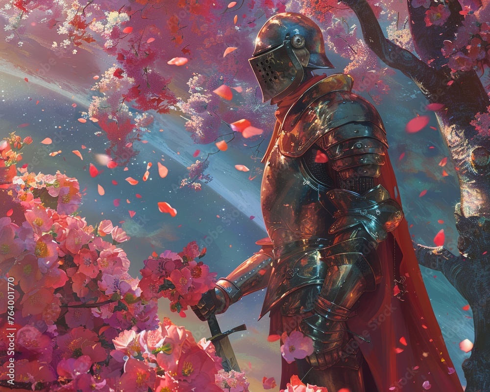 Amidst flowering blooms, a knight prepares for a journey, his armor ...