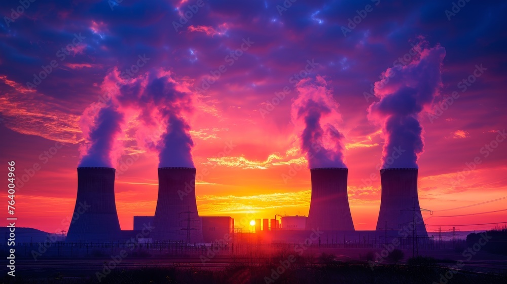 Nuclear power plant with an intense red and cloudy evening sky. coal ...