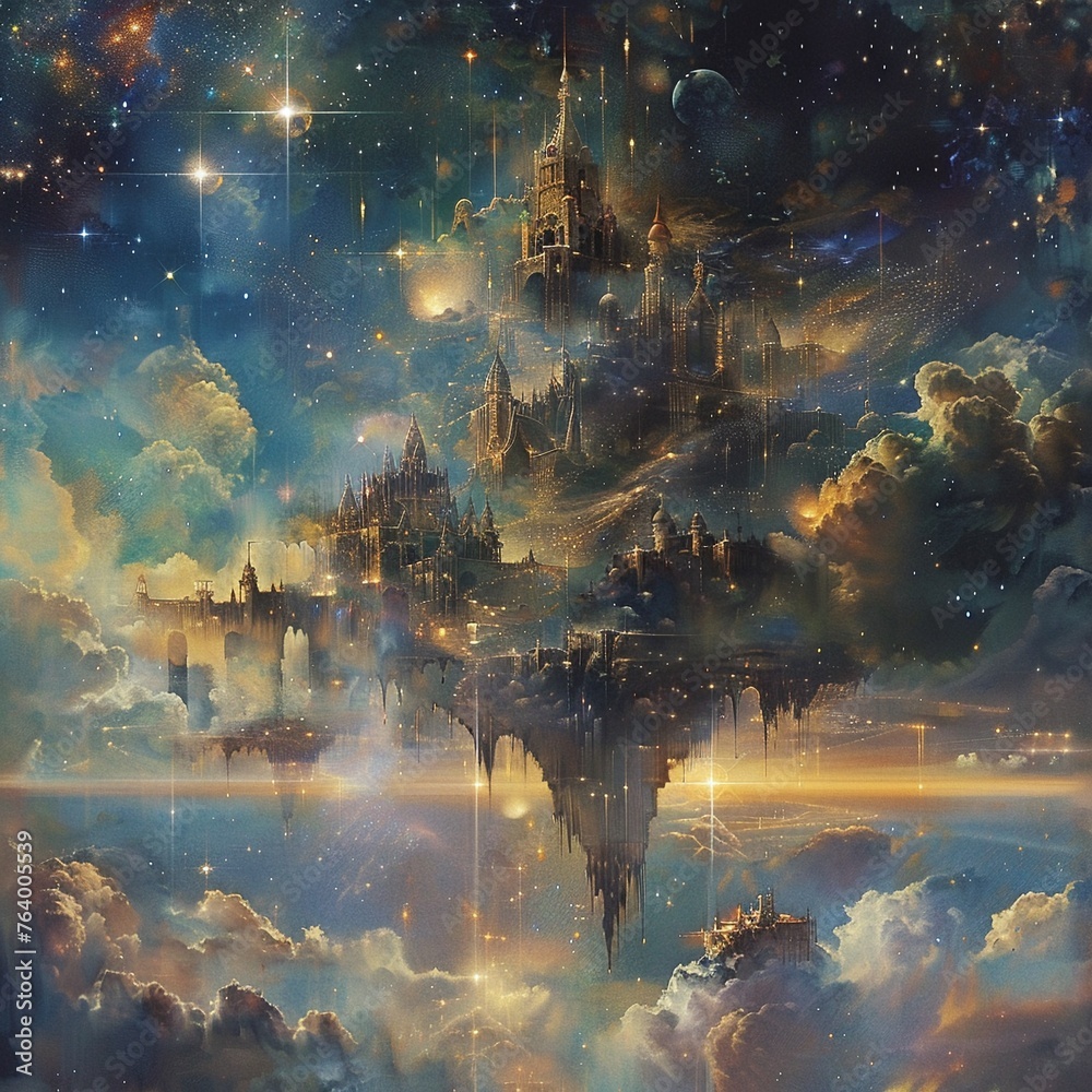 Cosmic journey to dreamlike fortresses floating in an ethereal sky ...