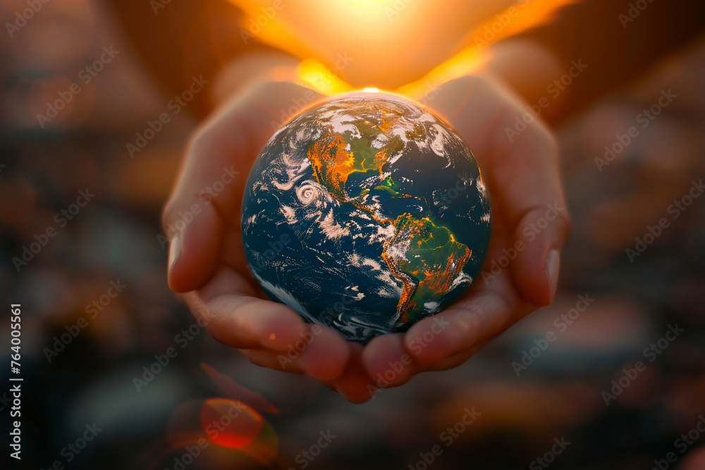 The natural planet earth is in the hands of man as a symbol of ...