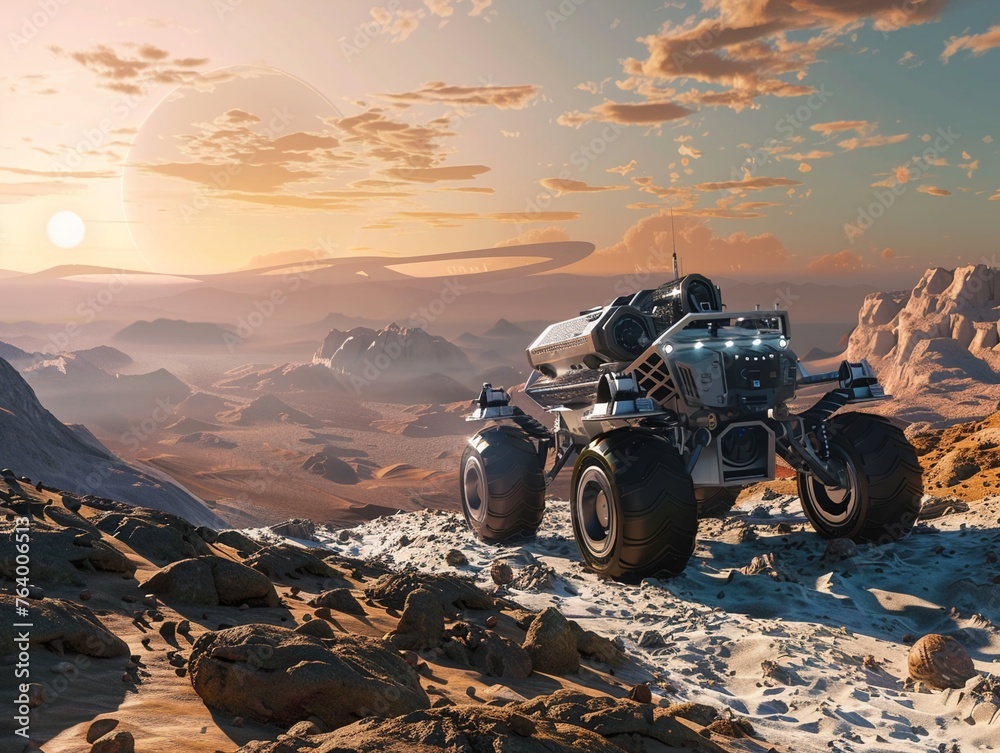 Futuristic AI-driven rover navigating the rugged alien landscape of ...