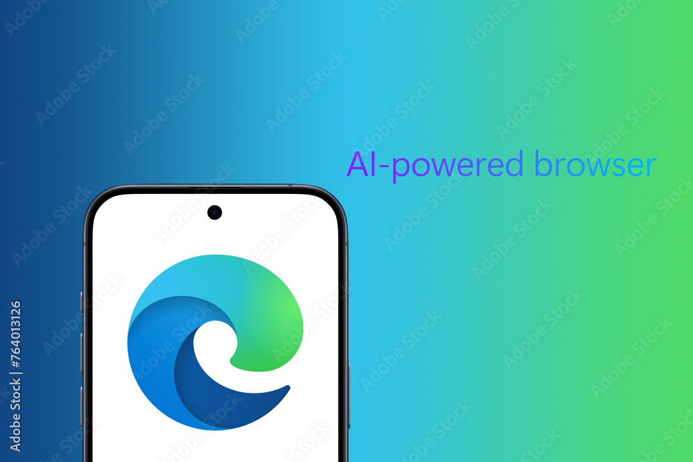 Microsoft Edge logo is displayed on a modern smartphone, colorful ...