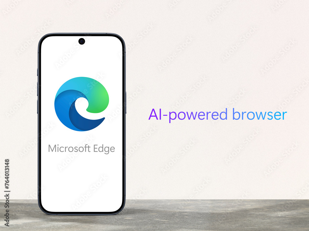 Microsoft Edge logo is displayed on a modern smartphone, "AI - powered ...