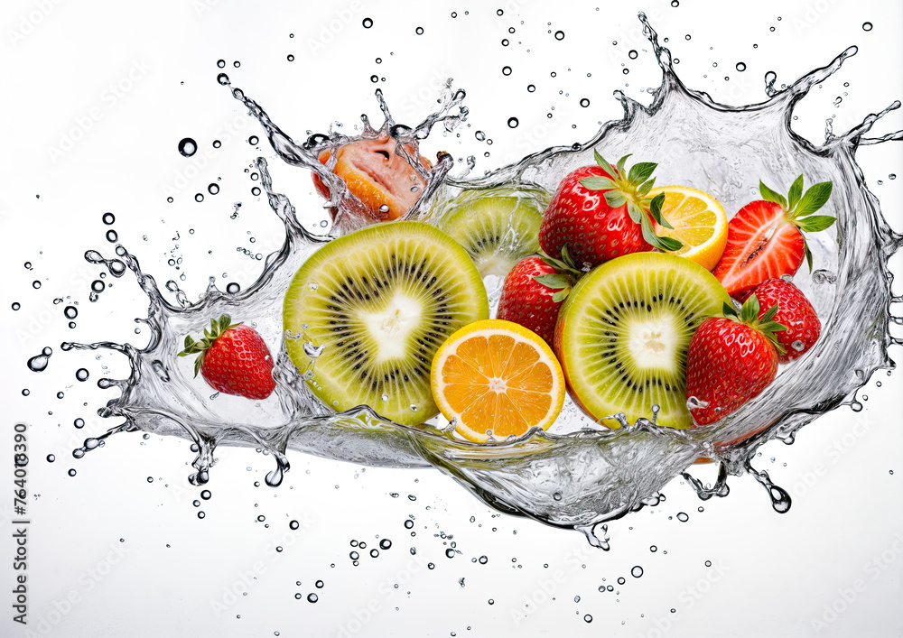 Water splash with fruits isolated on white background Fresh fruits in ...