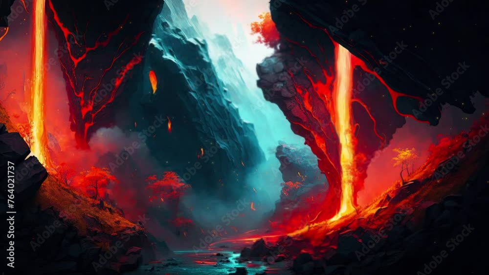 Cave with lava and trees, concept art. Calm and atmospheric background ...