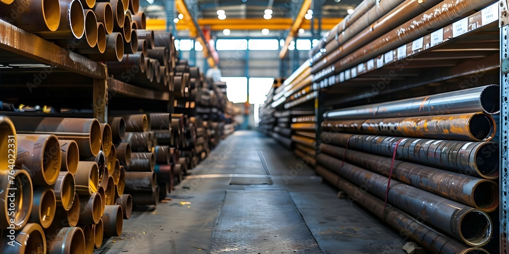 Tall stacks of various industrial metal pipes in warehouse environment ...