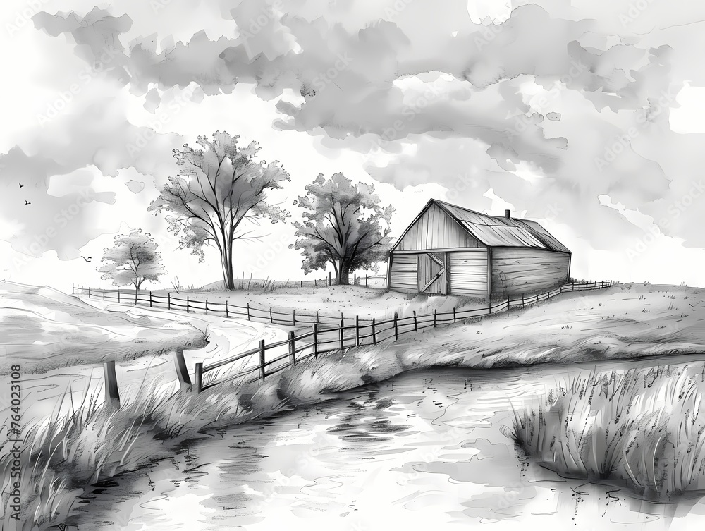 Classic Pencil sketch of a tranquil countryside scene, old barn and a ...