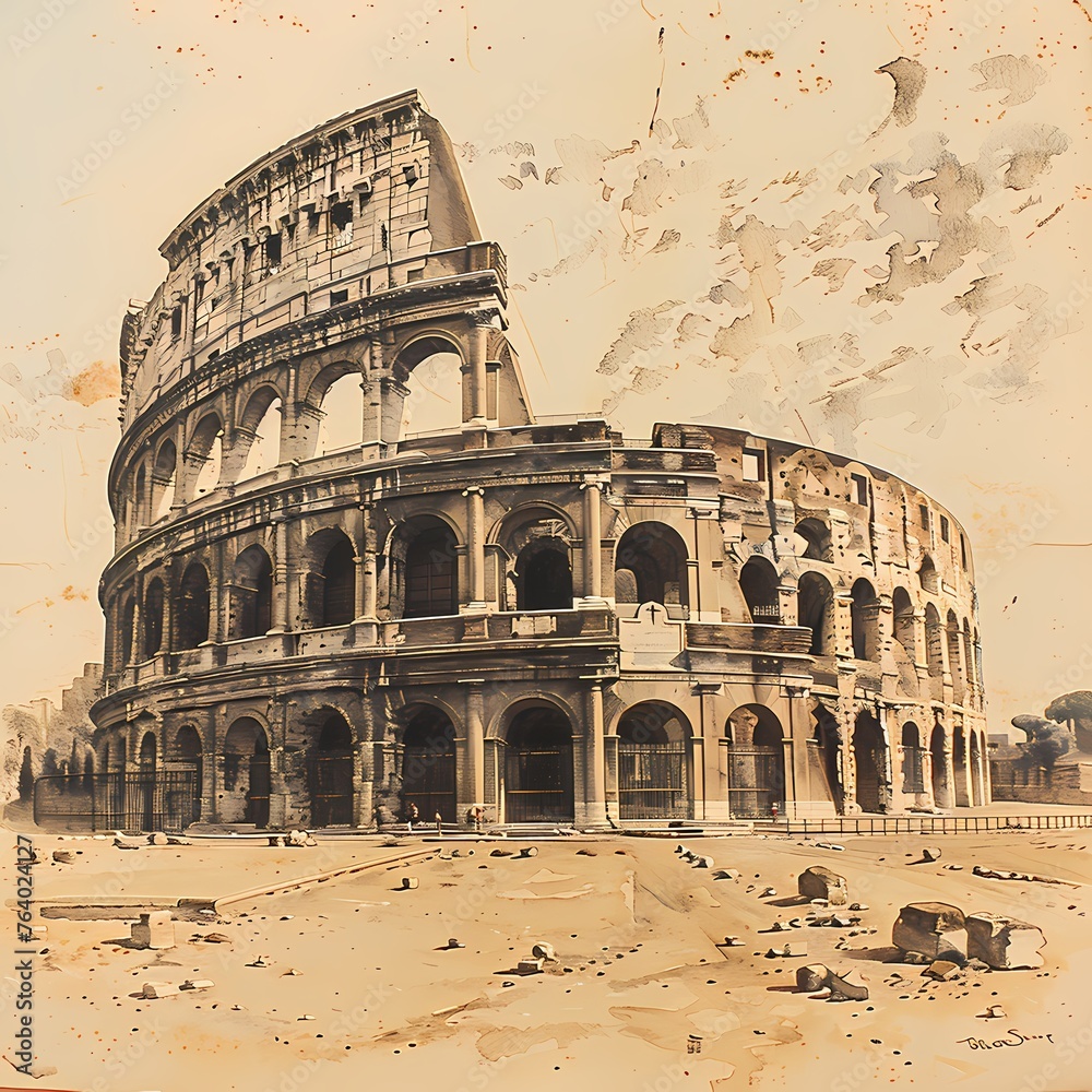 Sketch of ancient colosseum in Rome, detailed line drawings on vintage ...