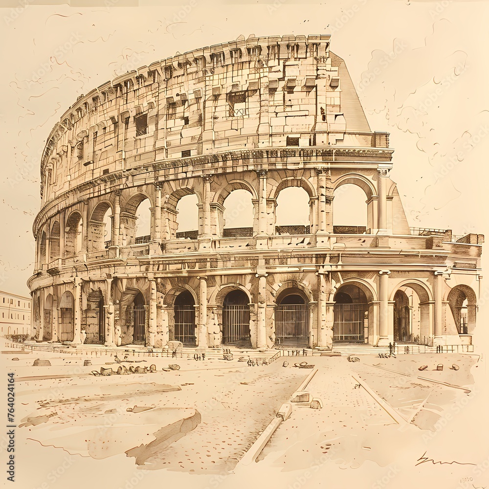 Sketch of ancient colosseum in Rome, detailed line drawings on vintage ...