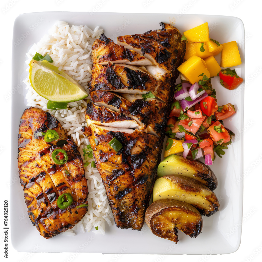 Caribbean style stockfish dish with spicy marinated fish fillets, rice ...