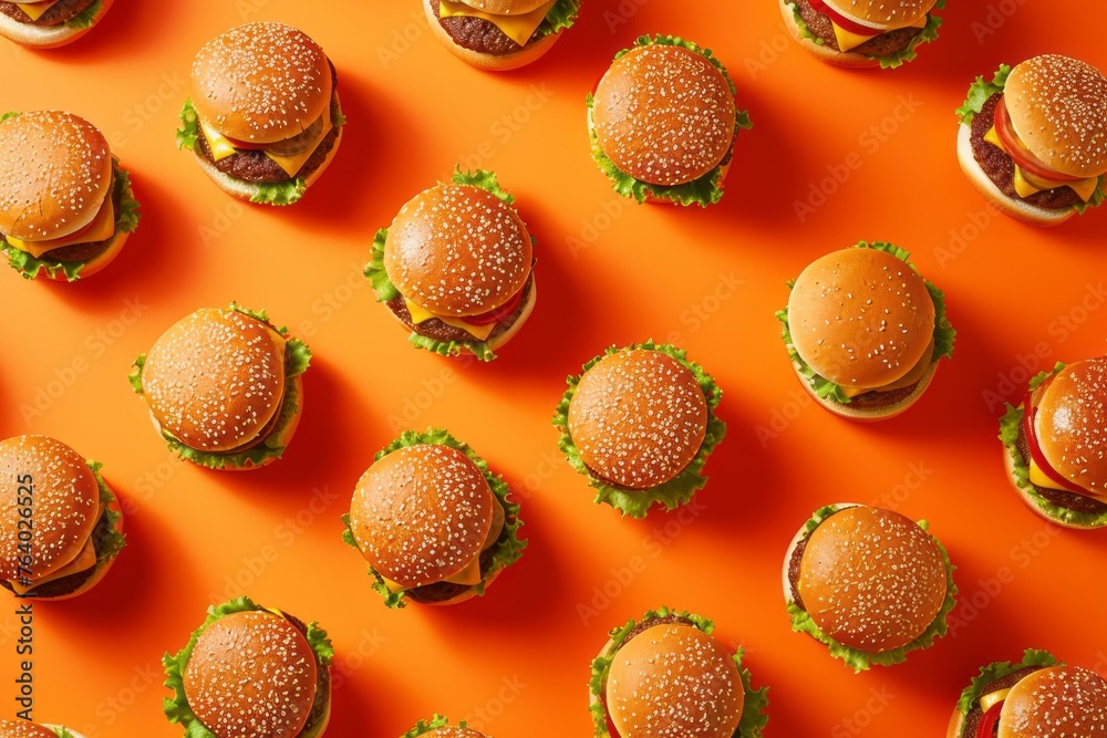 Wallpaper with a bunch of burgers on orange background. Lots of tasty ...