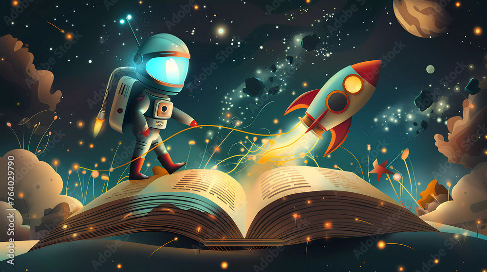 opened book with astronaut cartoon caracter ,flying rocket and space ...