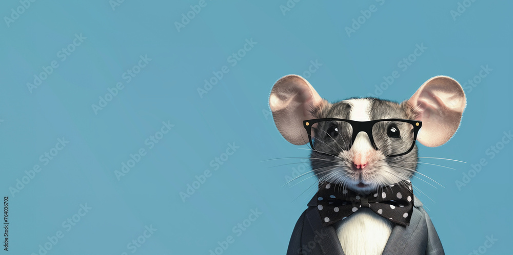 nerdy mouse wearing glasses, jacket and bowtie isolated on plain blue ...