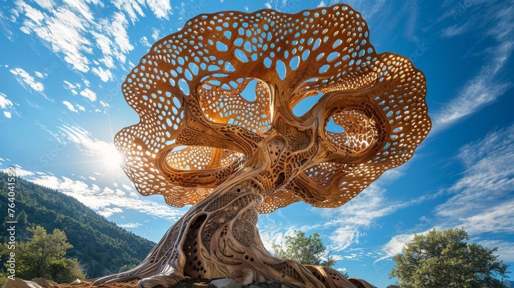 An intricate carving of a tree its branches reaching skyward embodying ...