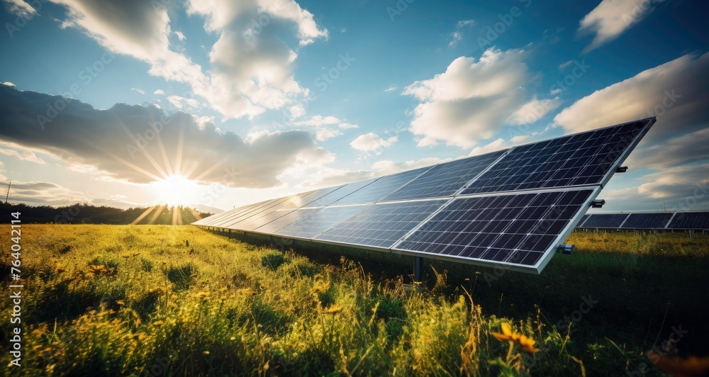 solar panels in the grass, blue sky with clouds and sun shining through ...