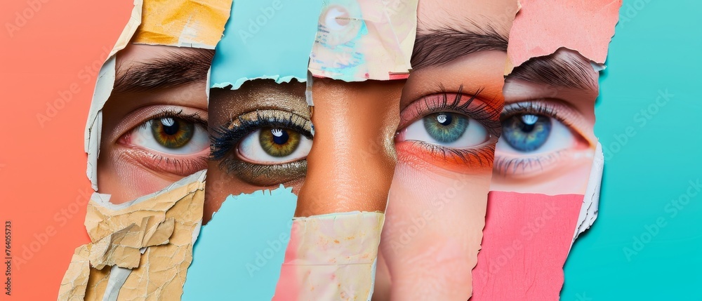 Male and female eyes in a collage with a neon background. The concept ...