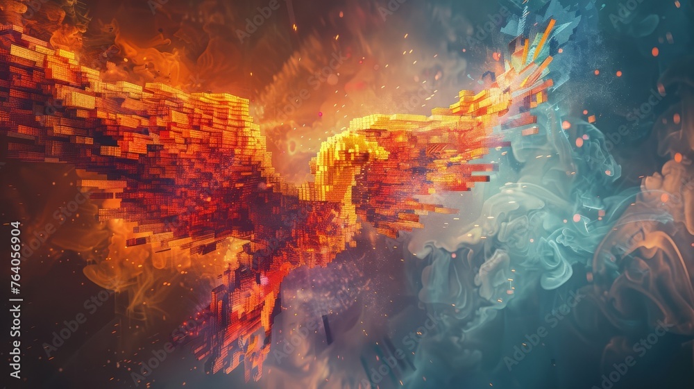 Fiery digital phoenix rising from pixelated ashes in dynamic abstract ...